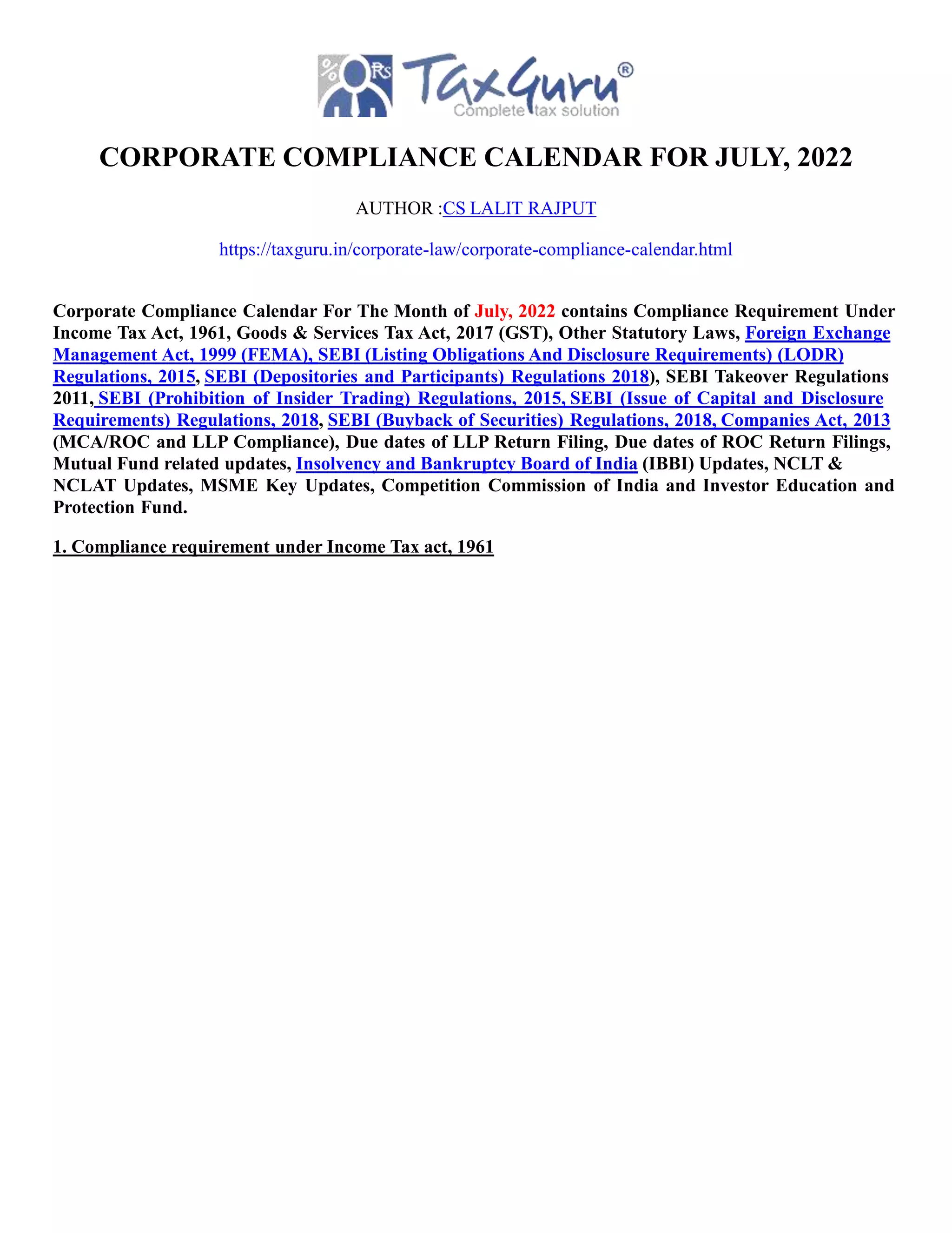 Corporate Compliance Calendar for July, 2022 | PPTX | Business ...
