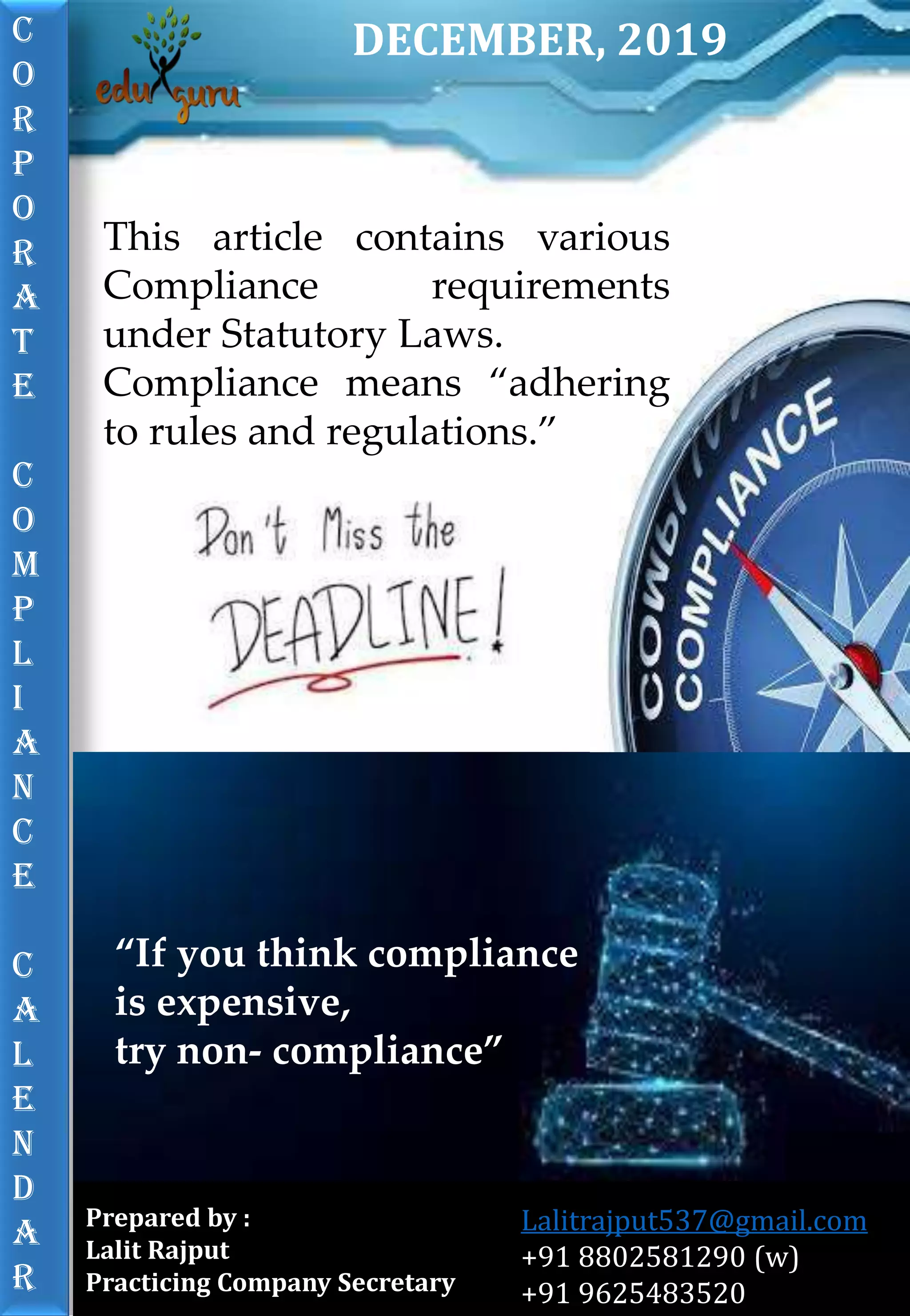 Corporate compliance calendar for the month of december 2019 | PDF