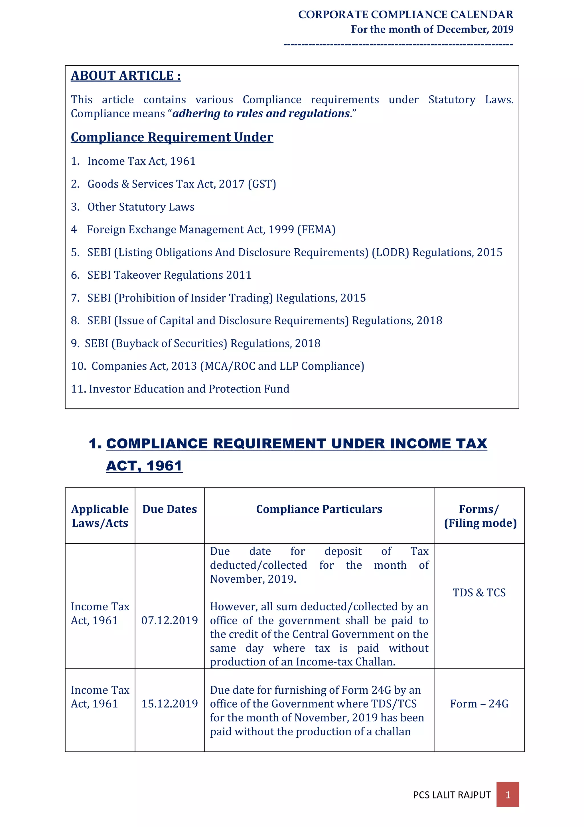 Corporate compliance calendar for the month of december 2019 | PDF