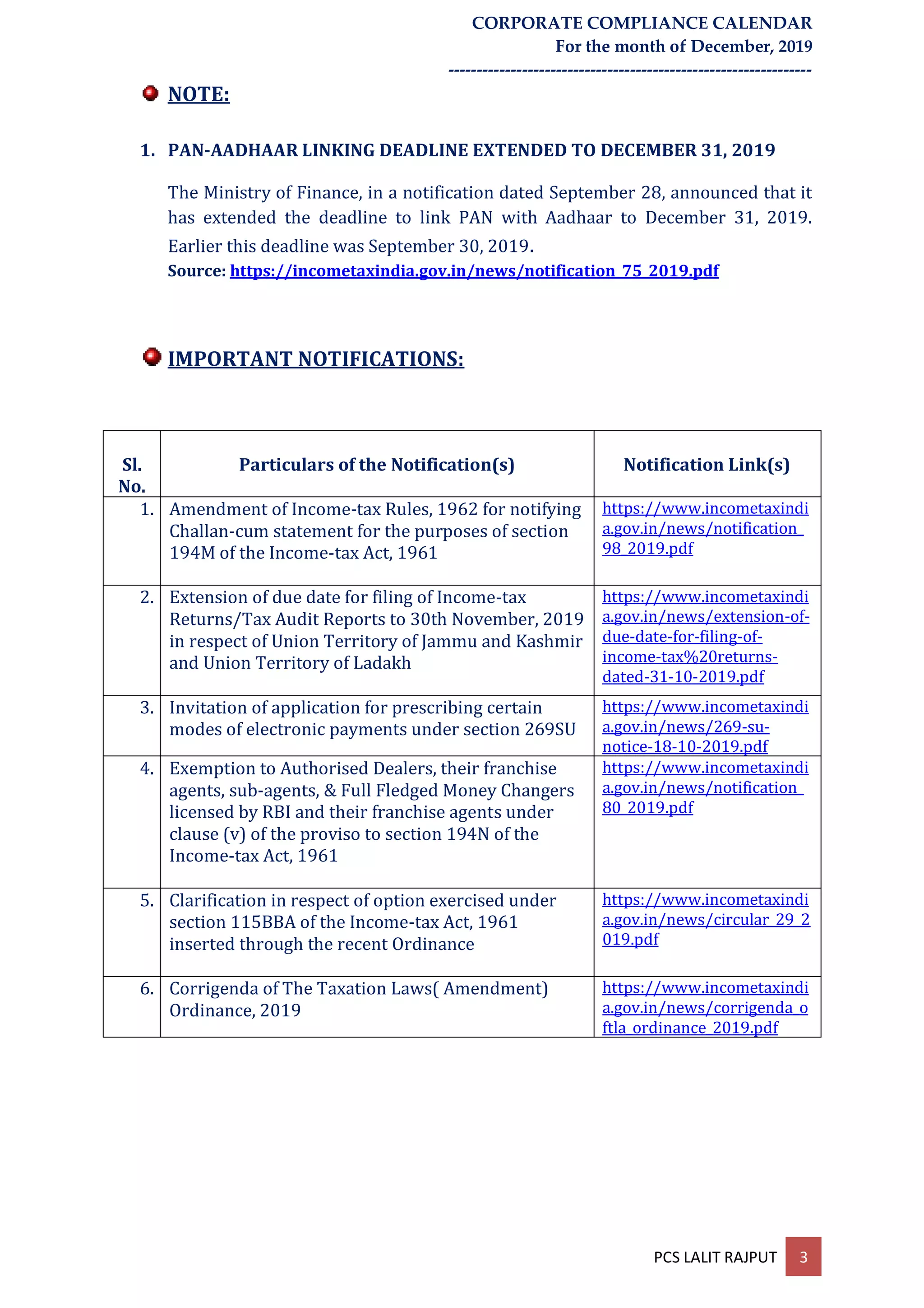 Corporate compliance calendar for the month of december 2019 | PDF