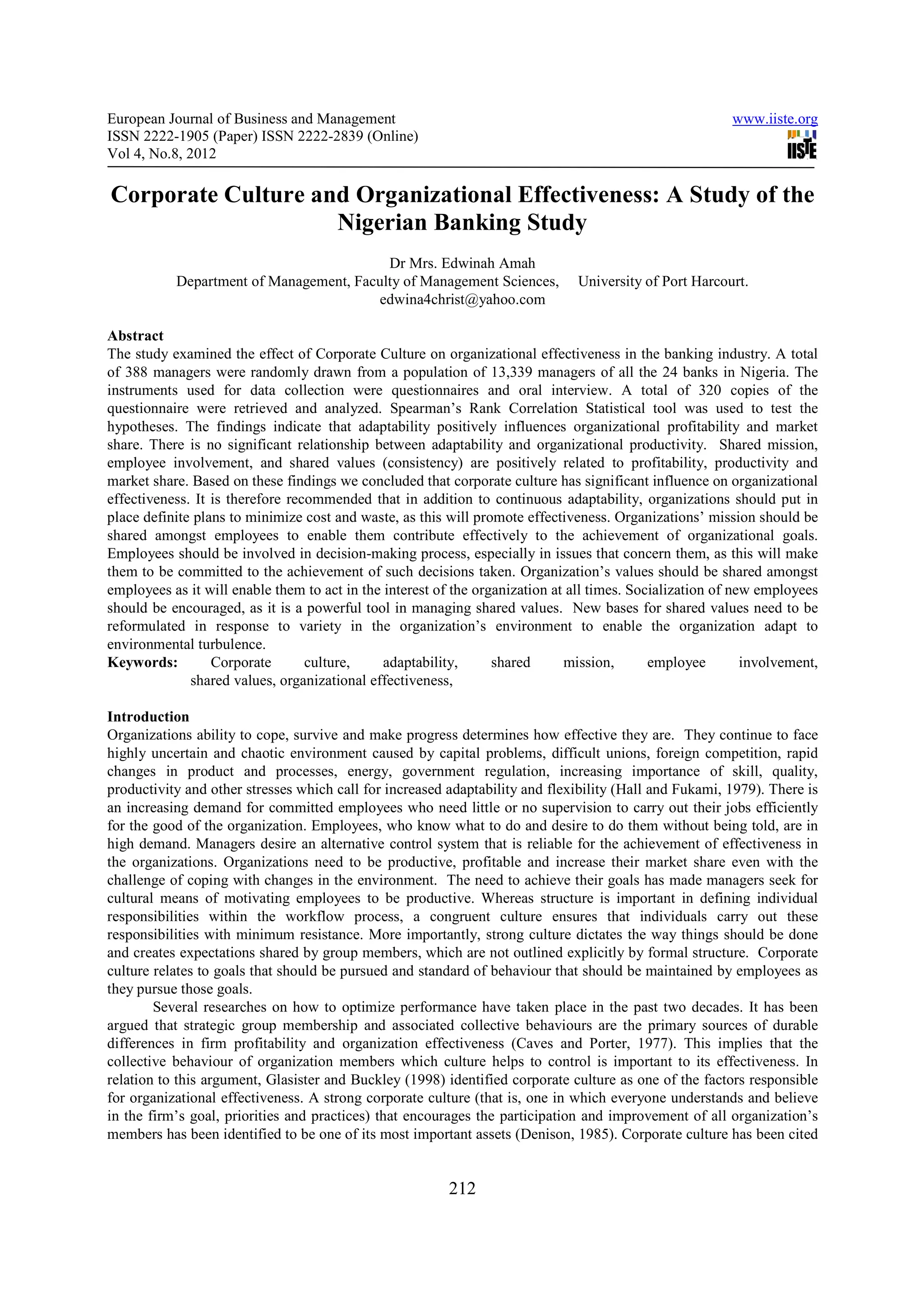 Corporate culture and organizational effectiveness | PDF