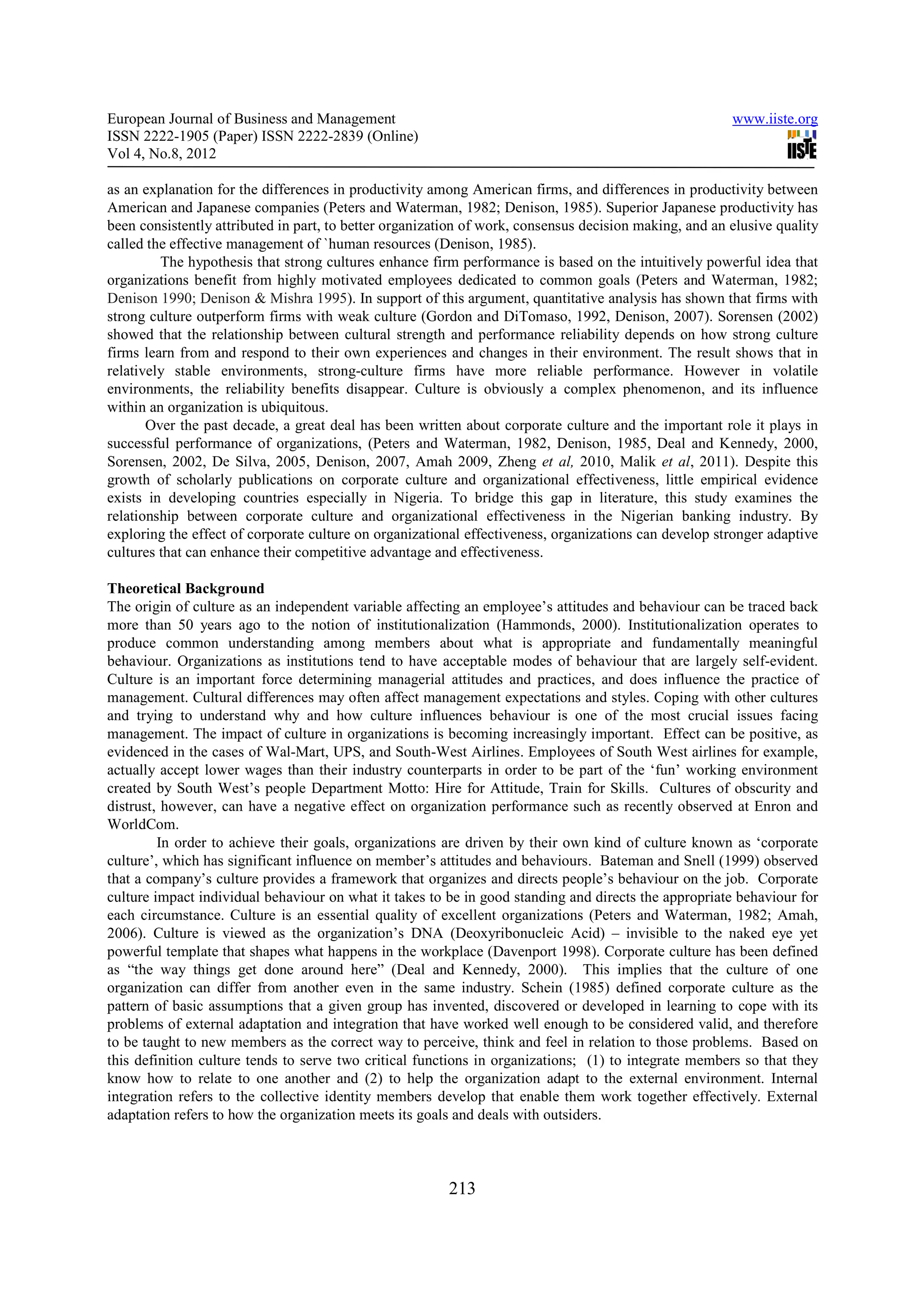 Corporate culture and organizational effectiveness | PDF