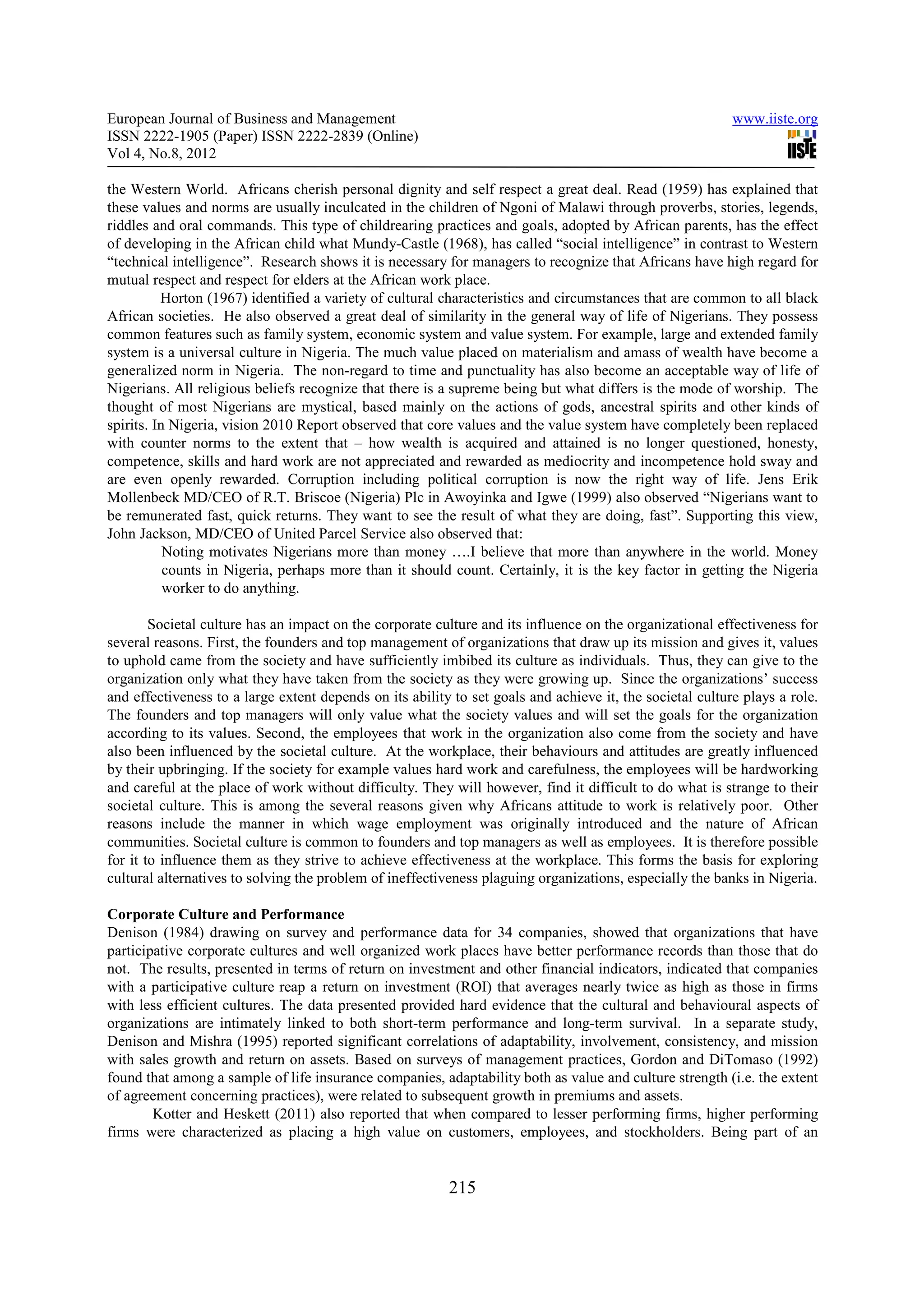 Corporate culture and organizational effectiveness | PDF