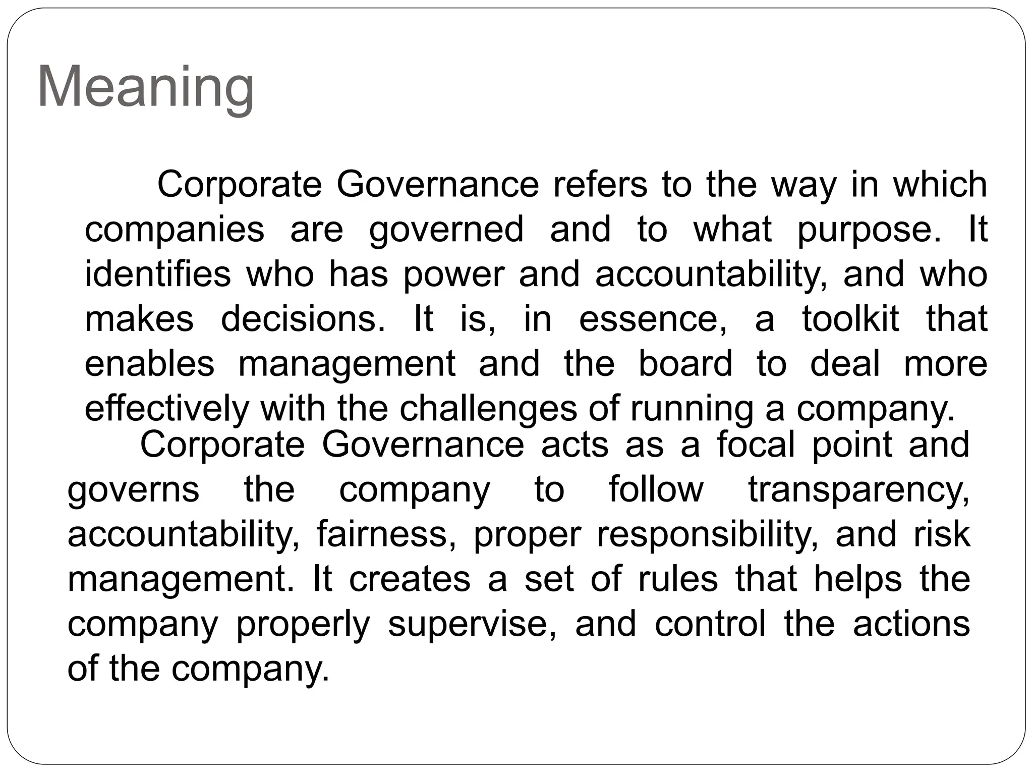Corporate Governance : Scope and Legal Framework | PPTX