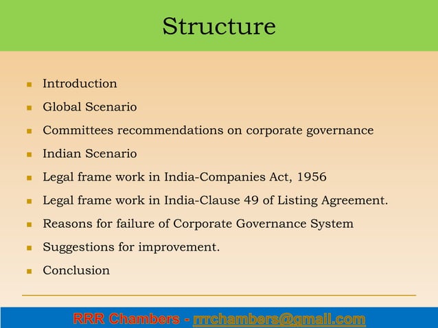 Corporate Governance (Indian Scenario, Legal frame work in India ...
