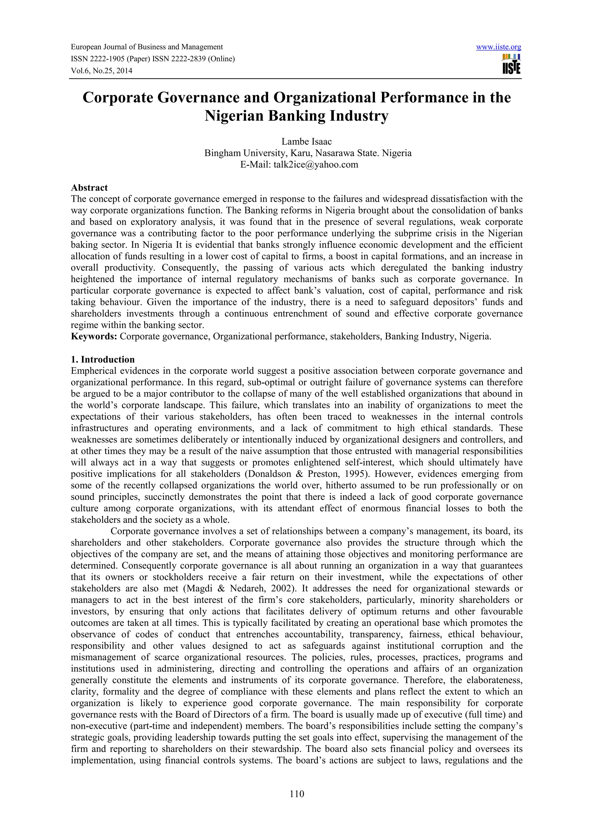 Corporate governance and organizational performance in the nigerian banking industry | PDF