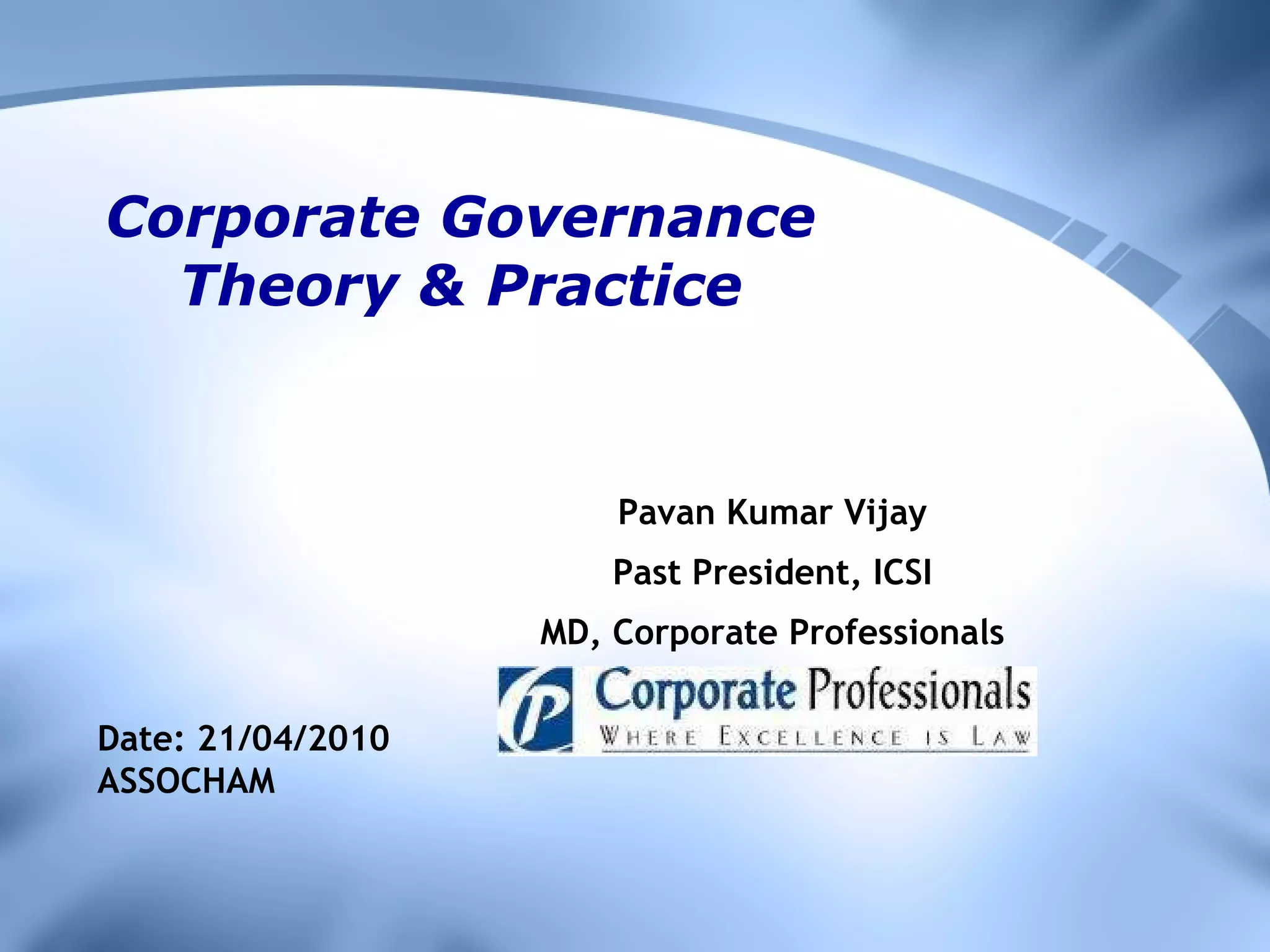 Corporate Governance Presentation by Pavan Kumar Vijay at Assocham | PPT