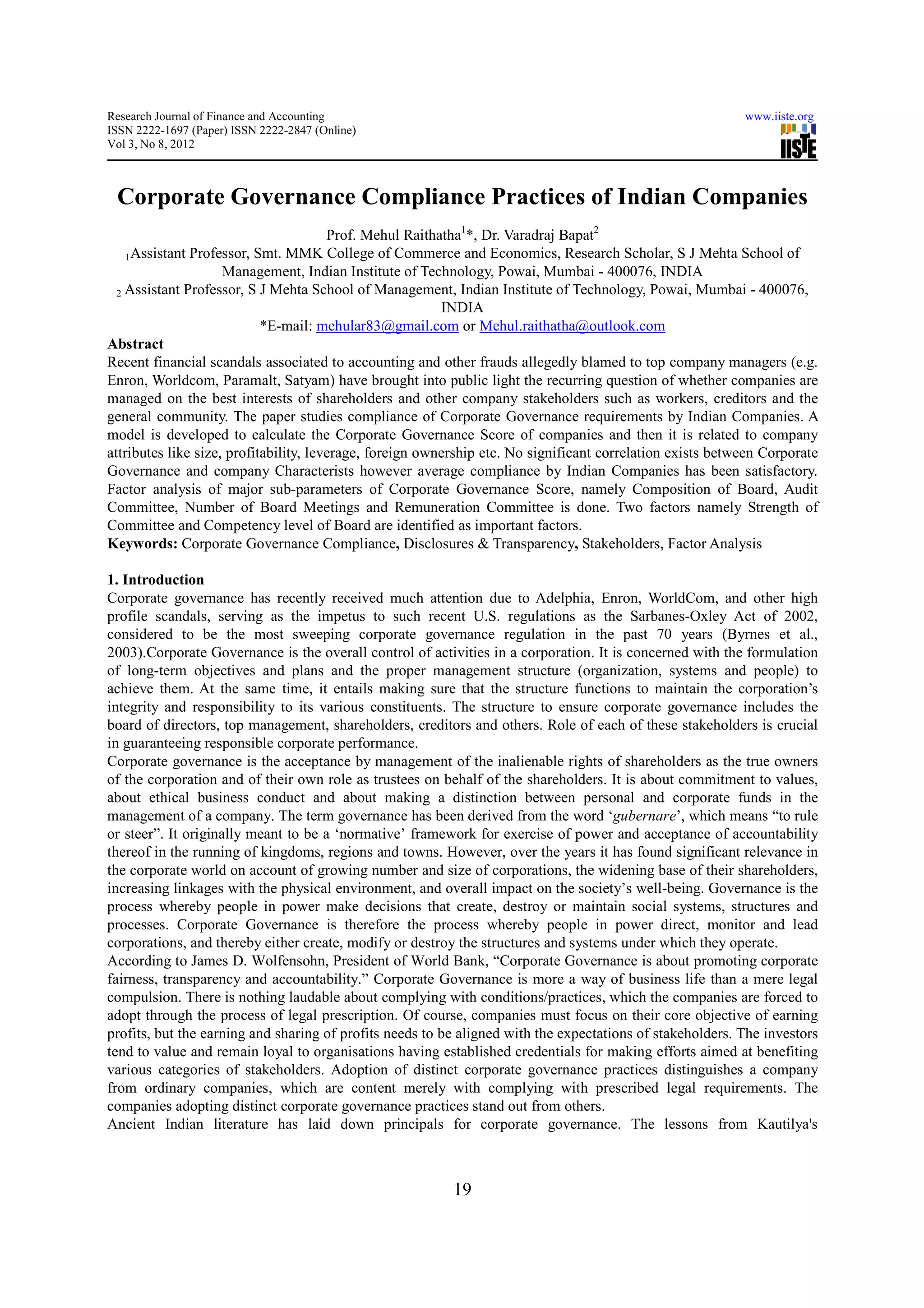 Corporate governance compliance practices of indian companies | PDF