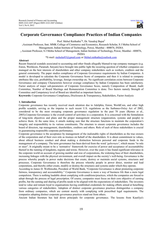 Corporate governance compliance practices of indian companies | PDF
