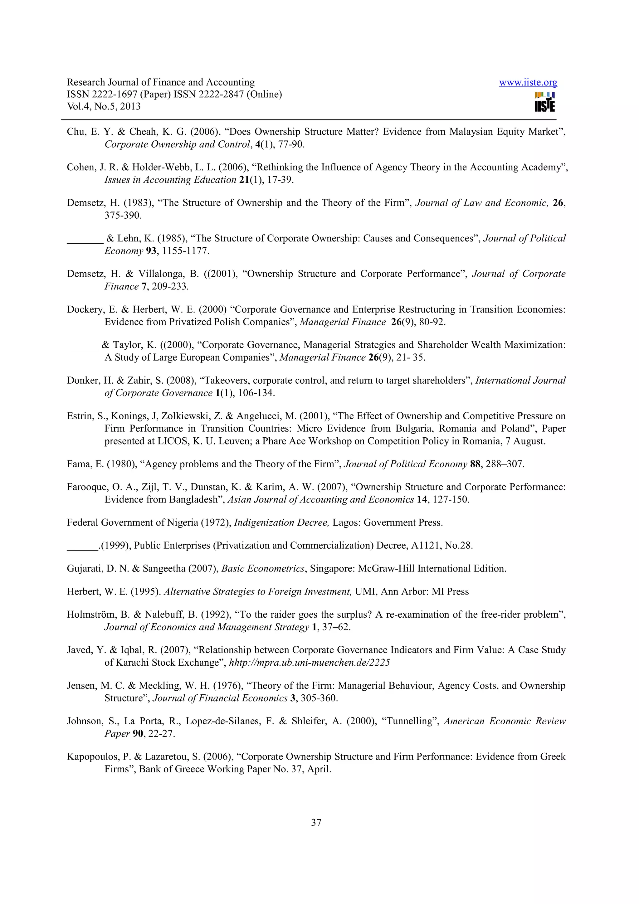 Corporate governance, ownership structure and firm performance in ...