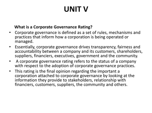 Corporate Governance Rating-UNIT5.pptx | Business Accounting & Finance | Business