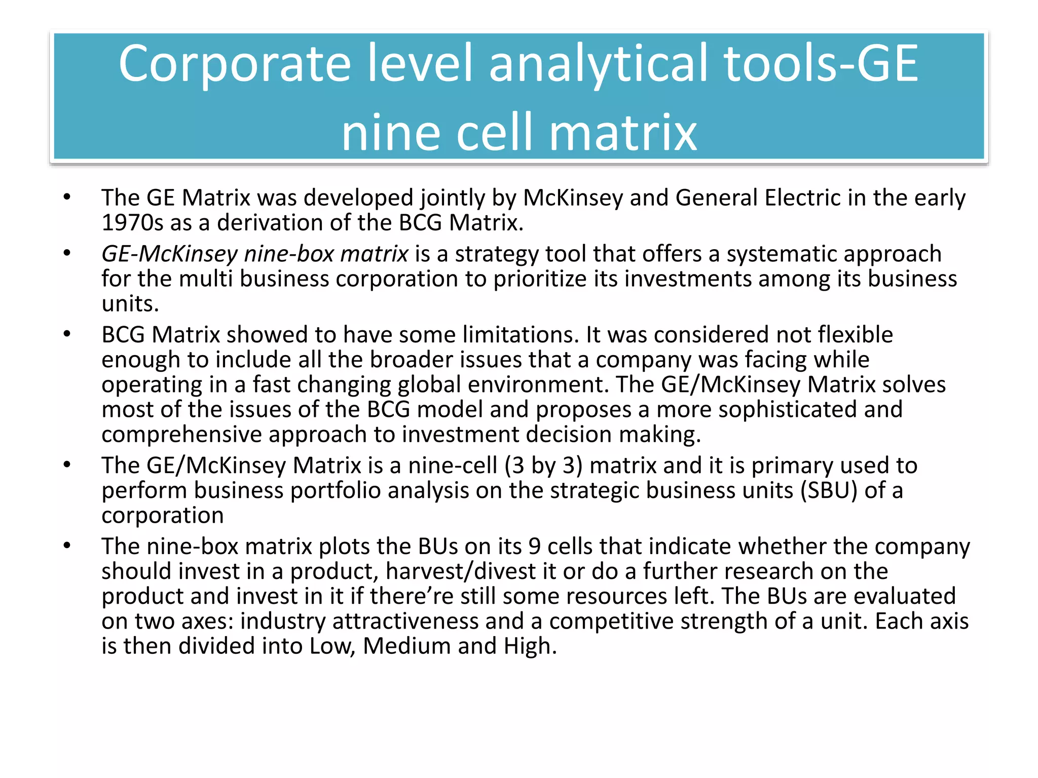Corporate Level Analytical Tools BCG Matrix And GE Nine Cell Matrix PPTX