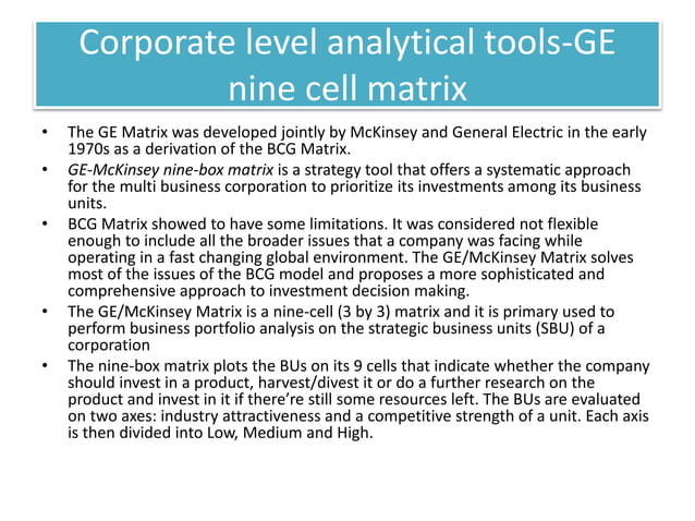 Corporate level analytical tools_BCG Matrix and GE nine cell matrix ...