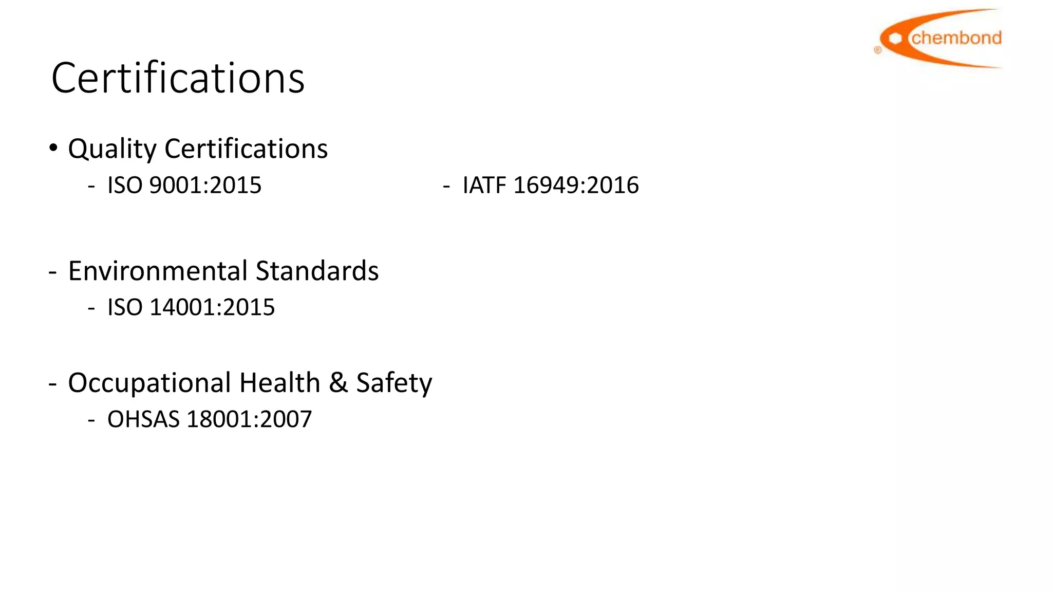 Corporate Presentation - Chembond Chemicals Limited | PPT