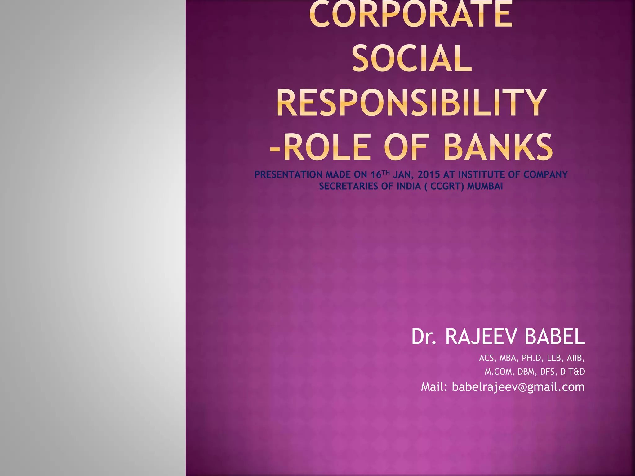 Corporate social responsibility role of banks | PPTX