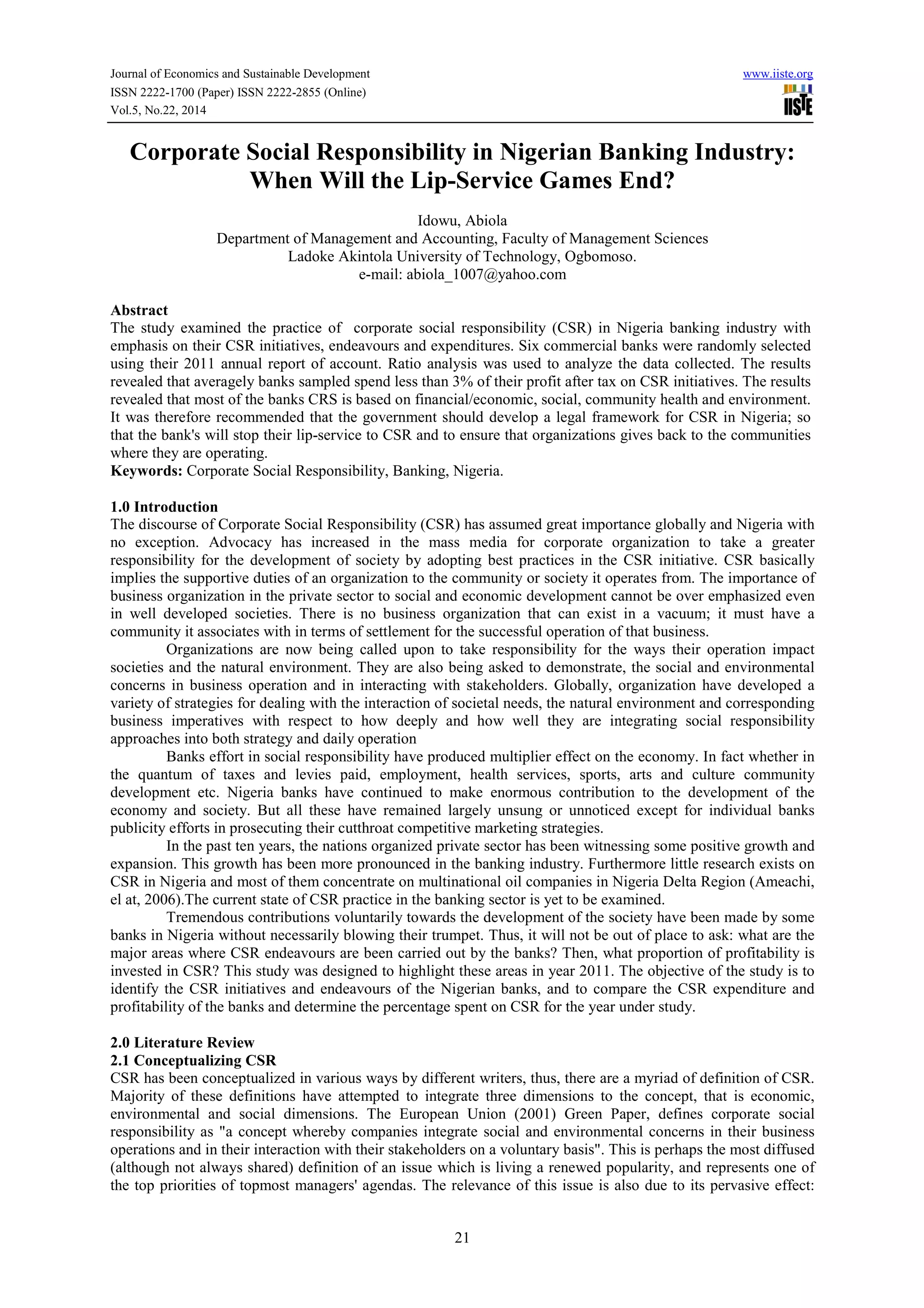 Corporate social responsibility in nigerian banking industry | PDF