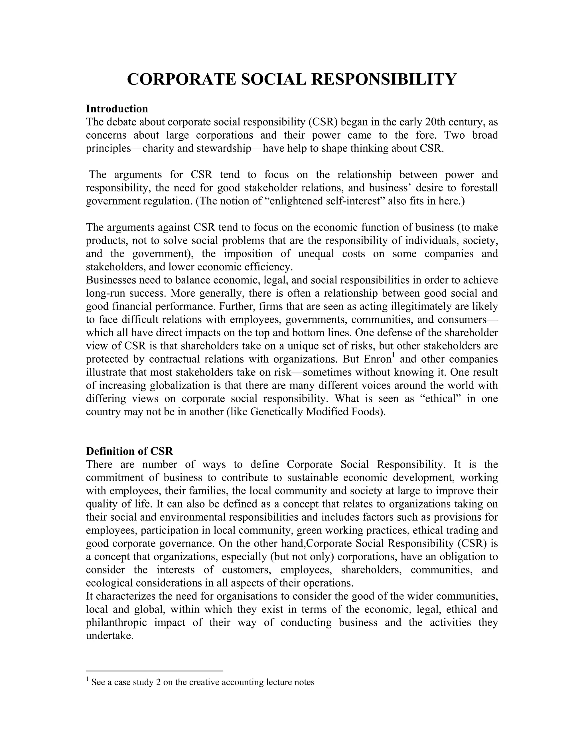 Corporate social responsibility lecture notes | PDF