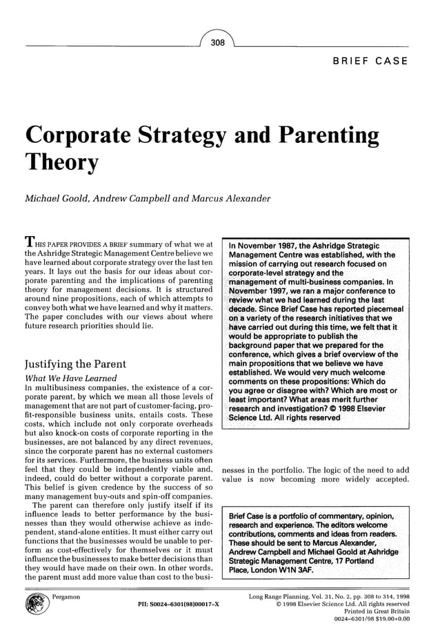 Corporate strategy and parenting theory | PDF