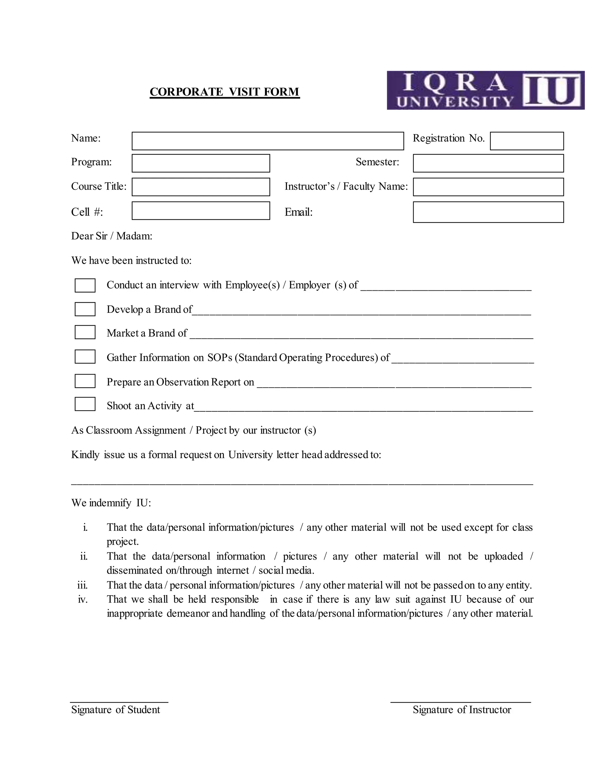 Corporate Visit Form FOR IQRA UNIVERSITY STUDENTS | DOCX