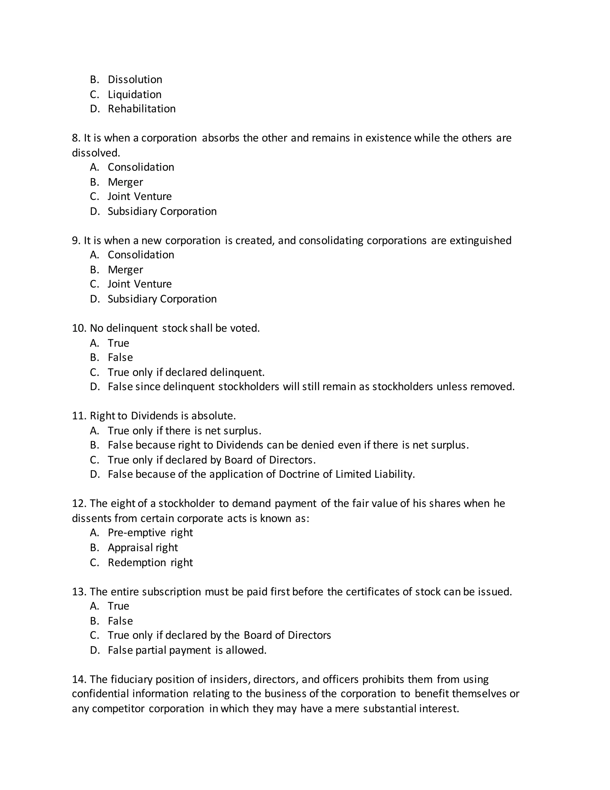 Corporation Law Questions | DOCX