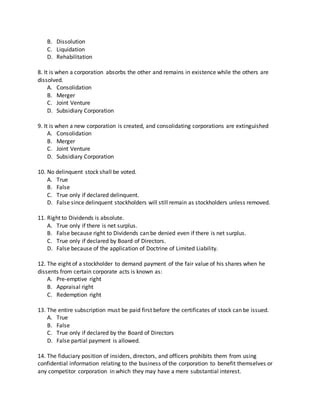 Corporation Law Questions | DOCX