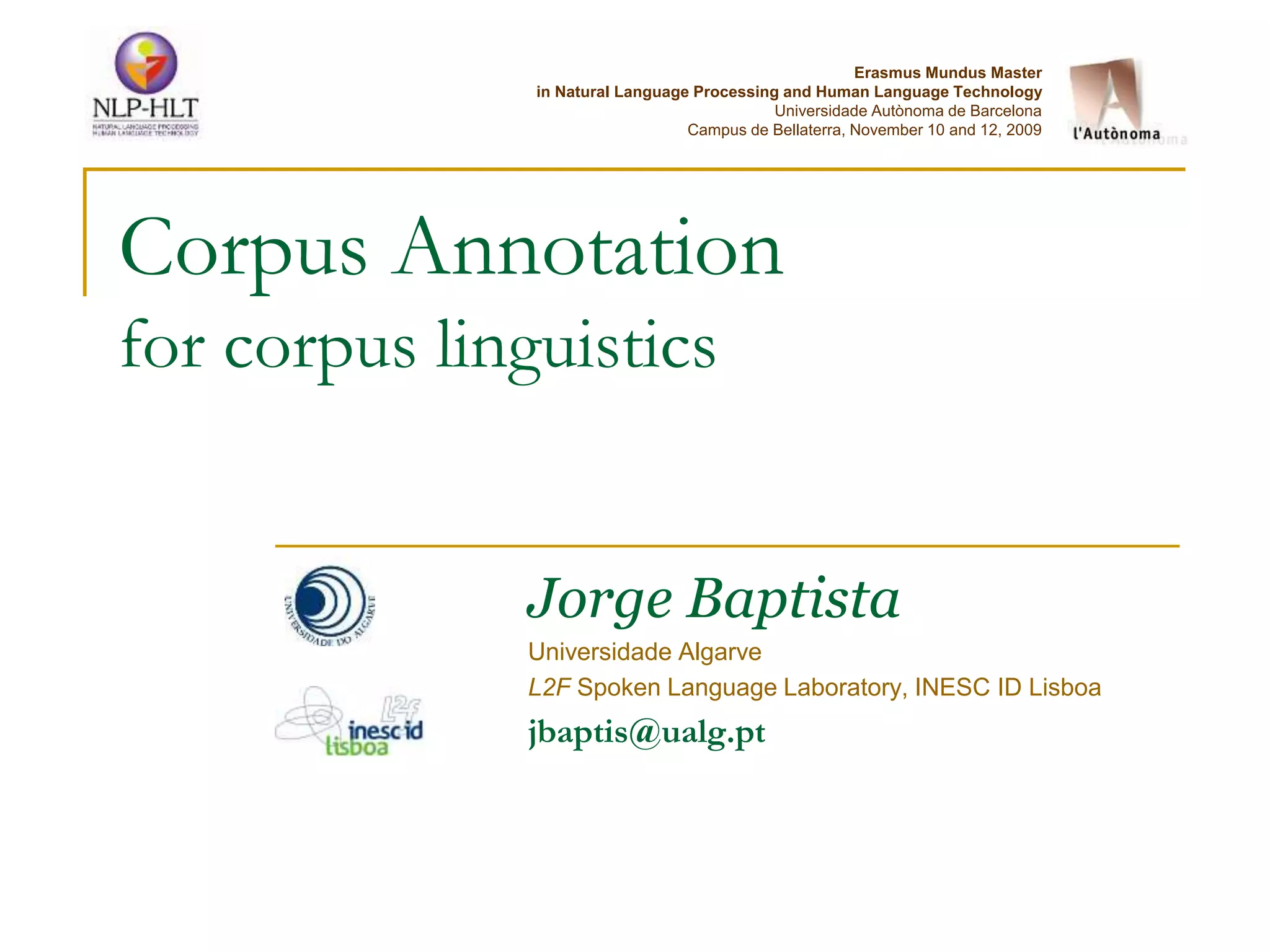 Corpus annotation for corpus linguistics (nov2009) | PPTX
