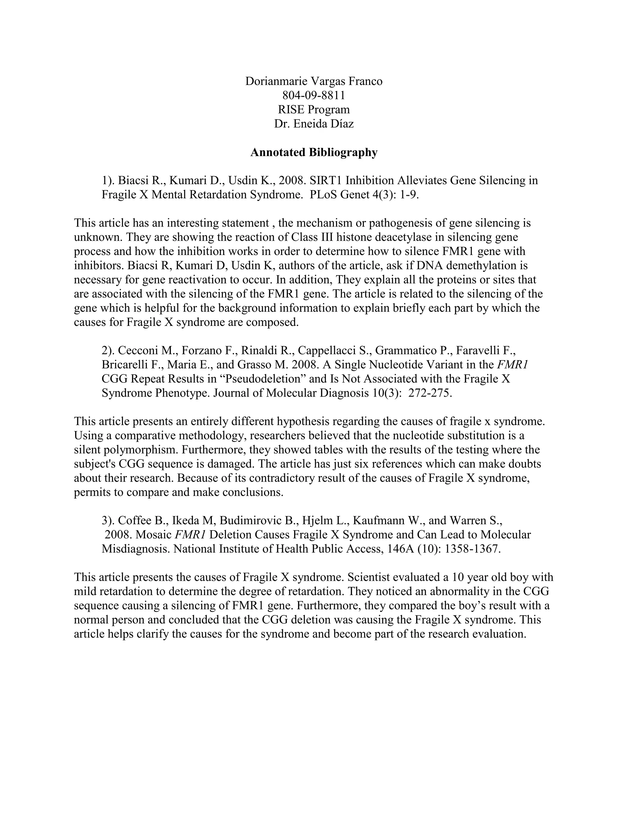 Annotated Bibliography of Fragle X Syndrome | DOCX
