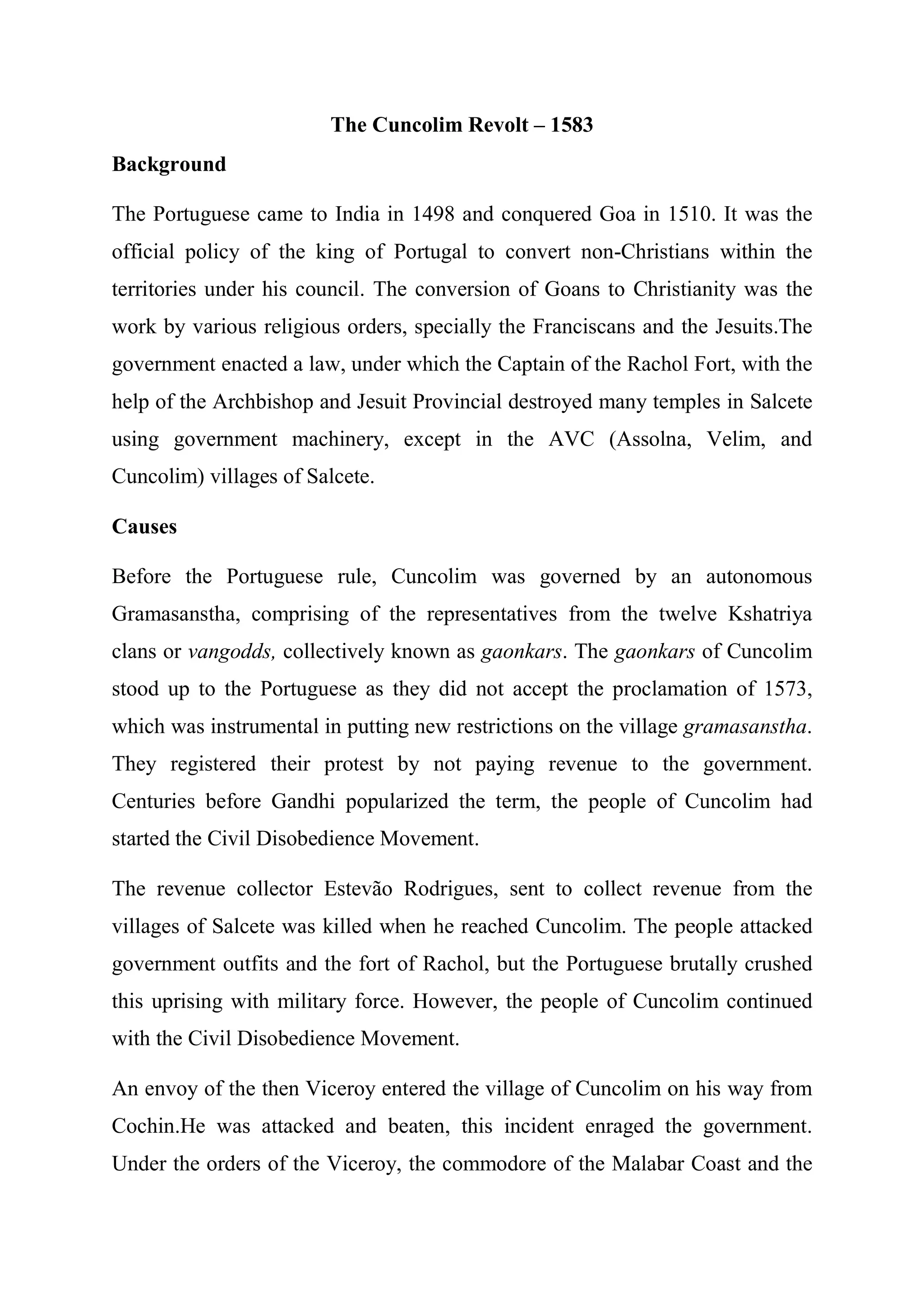 Corrected draft of The Cuncolim Revolt - Goan Portuguese History volt ...