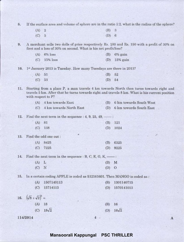 22 Degree Level Question Papers and Answer Key (Kerala PSC) | PDF