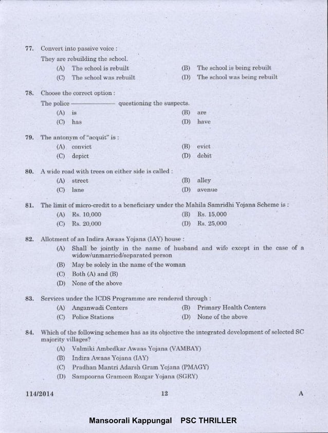 22 Degree Level Question Papers and Answer Key (Kerala PSC) | PDF