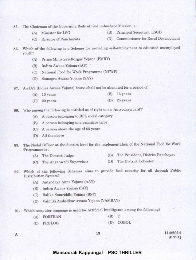 22 Degree Level Question Papers and Answer Key (Kerala PSC)