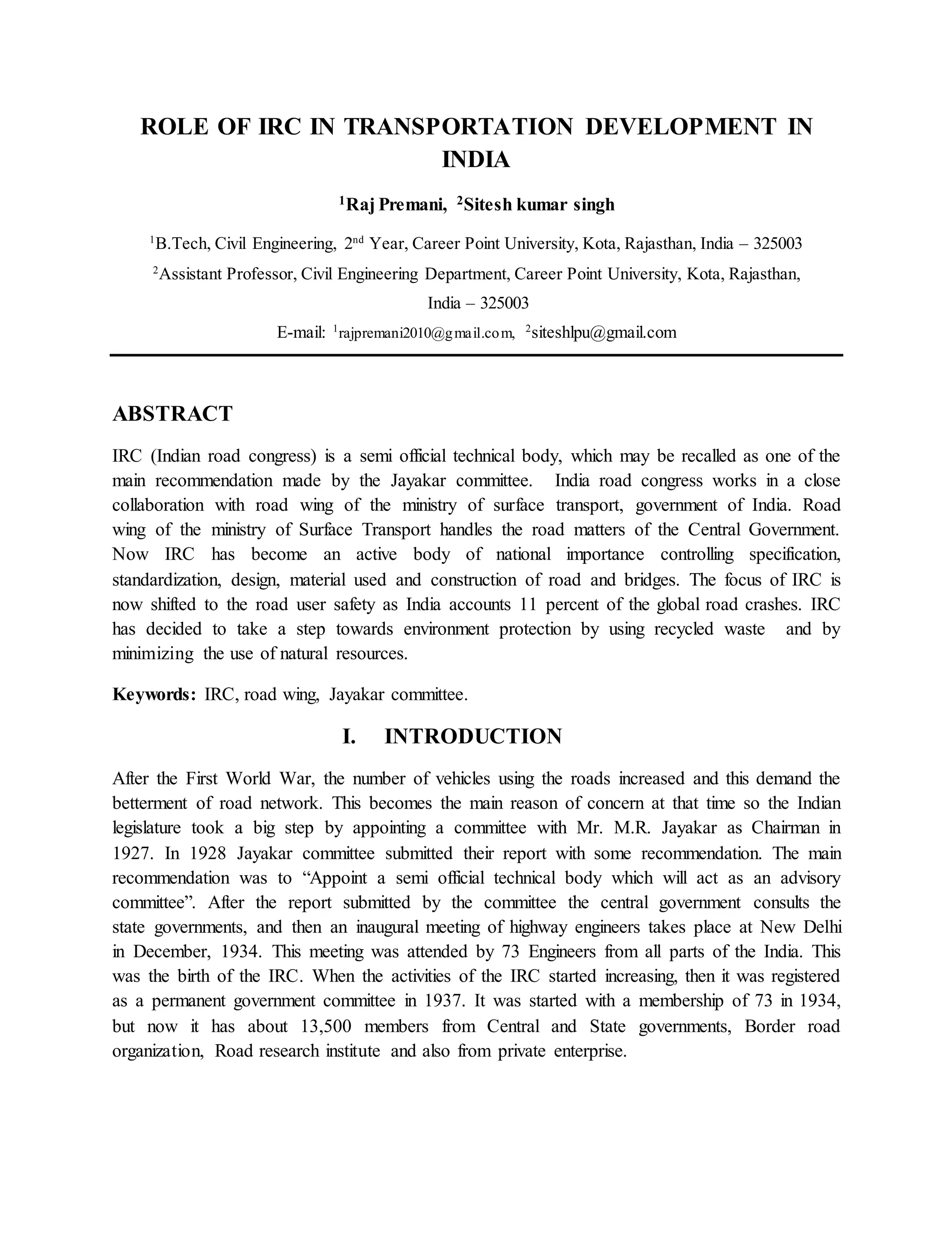 role of IRC in transportation development in india | DOCX