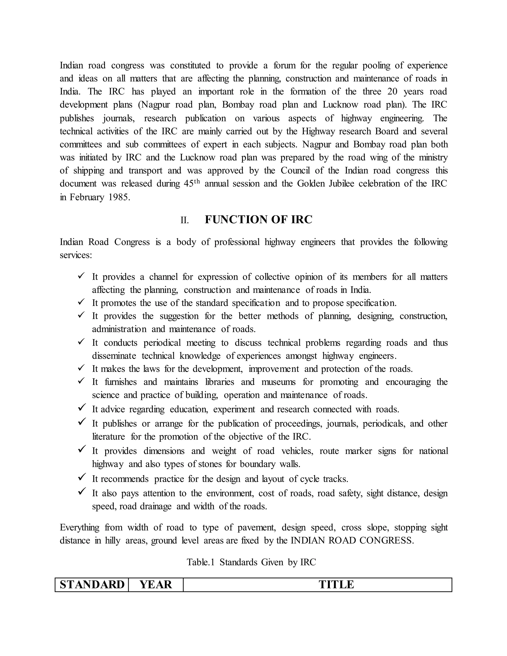 role of IRC in transportation development in india | DOCX