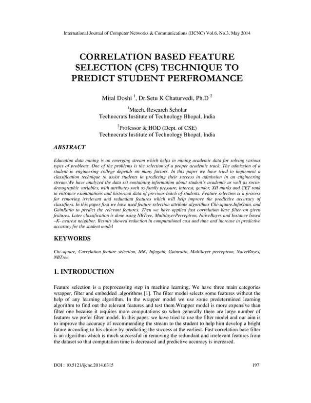 Correlation based feature selection (cfs) technique to predict student perfromance | PDF