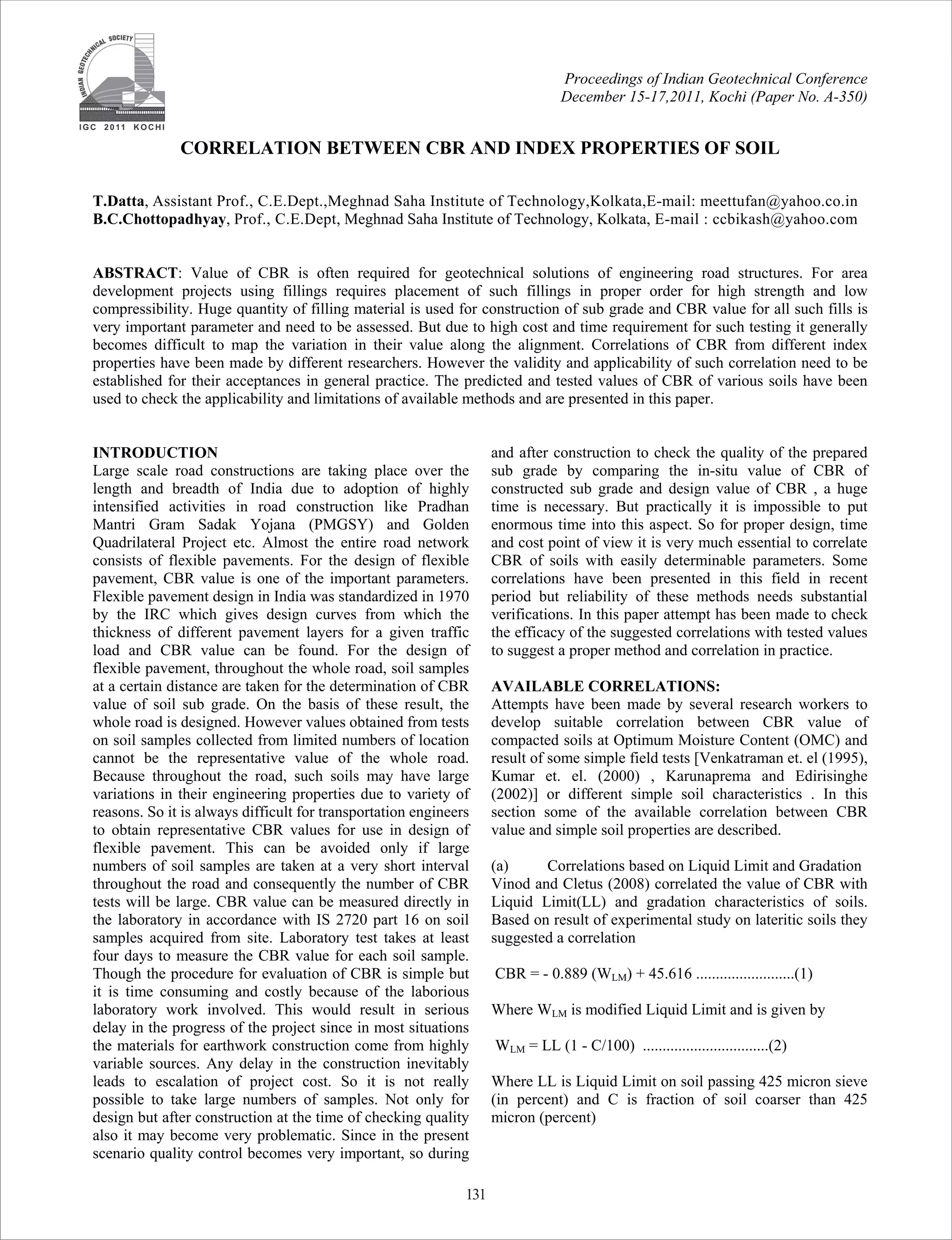 Correlation between cbr and index propertys of soil | PDF