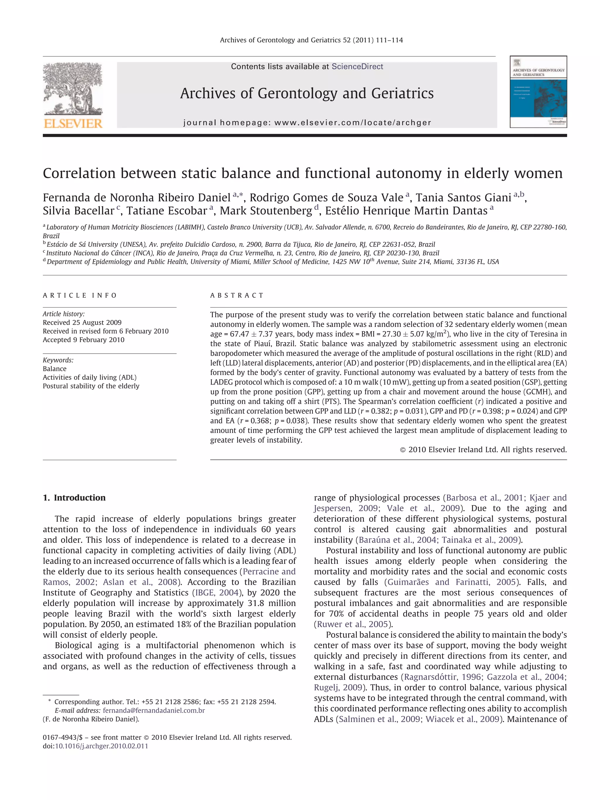 Correlación entre equilibrio estático y autonomía funcional en mujeres de edad avanzada | PDF ...