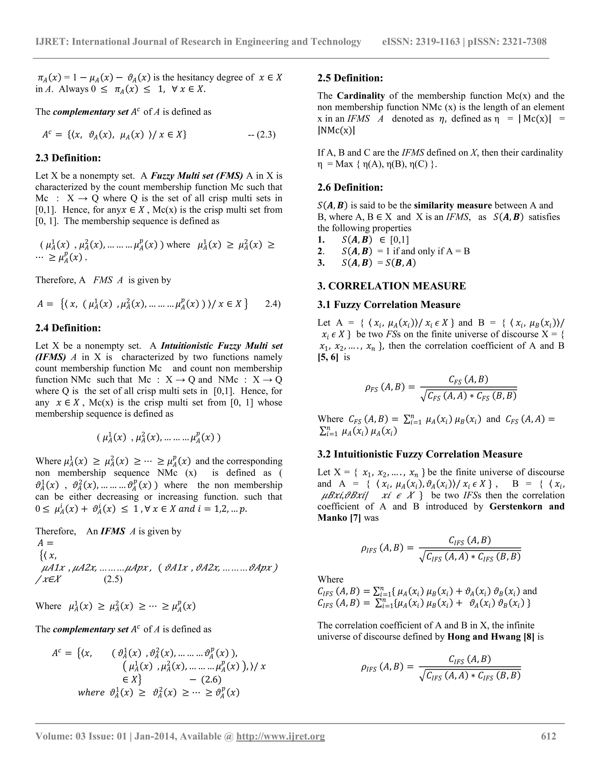 Correlation measure for intuitionistic fuzzy multi sets | PDF