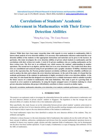 Correlations of Students’ Academic Achievement in Mathematics with Their Error-Detection ...