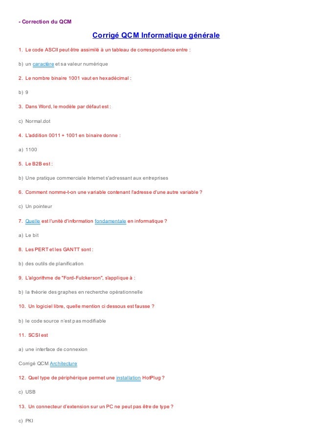 Corrigé Qcm Initiation Informatique Sgbd Réseau Internet Ar