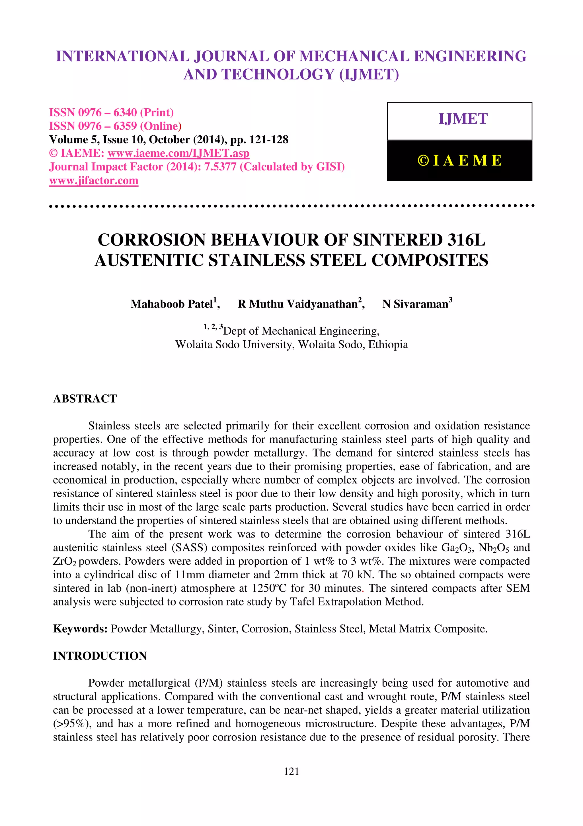 CORROSION BEHAVIOUR OF SINTERED 316L AUSTENITIC STAINLESS STEEL ...
