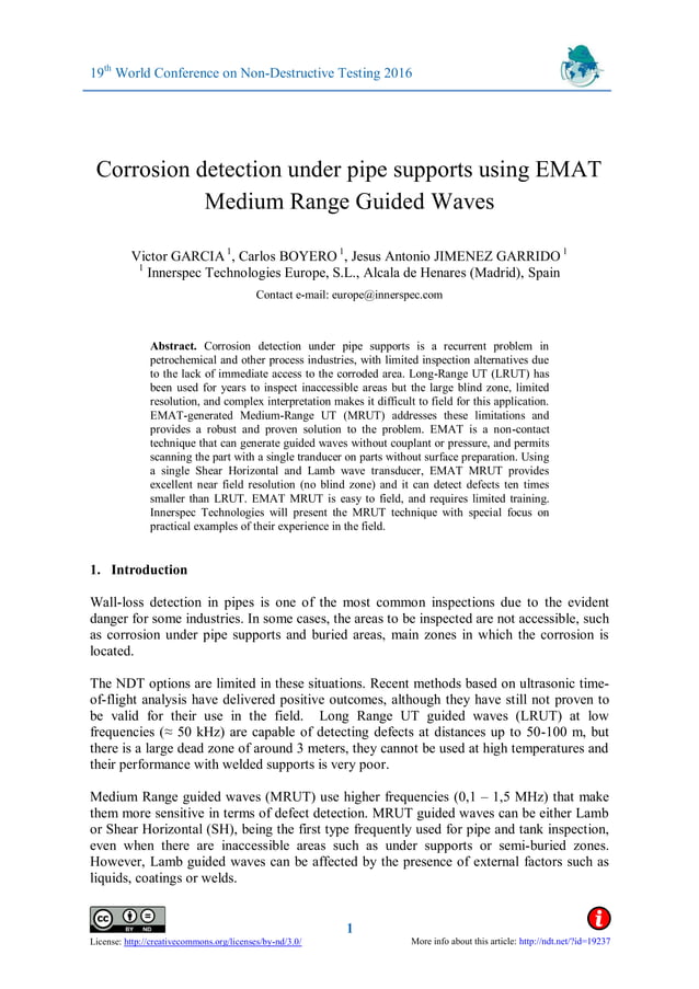 Corrosion detection under pipe supports using EMAT Medium Range Guided Waves | PDF