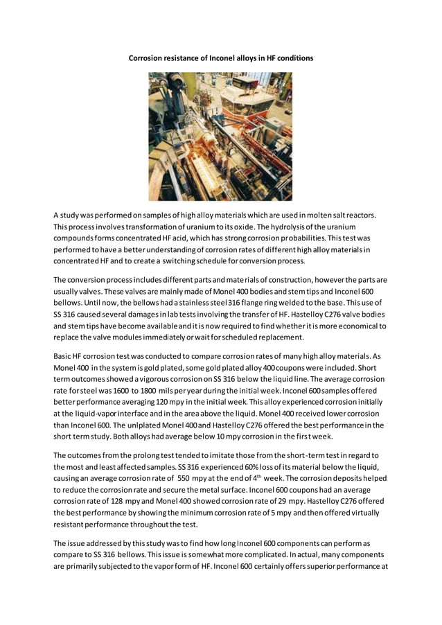 Corrosion resistance of inconel alloys in HF conditions | DOCX