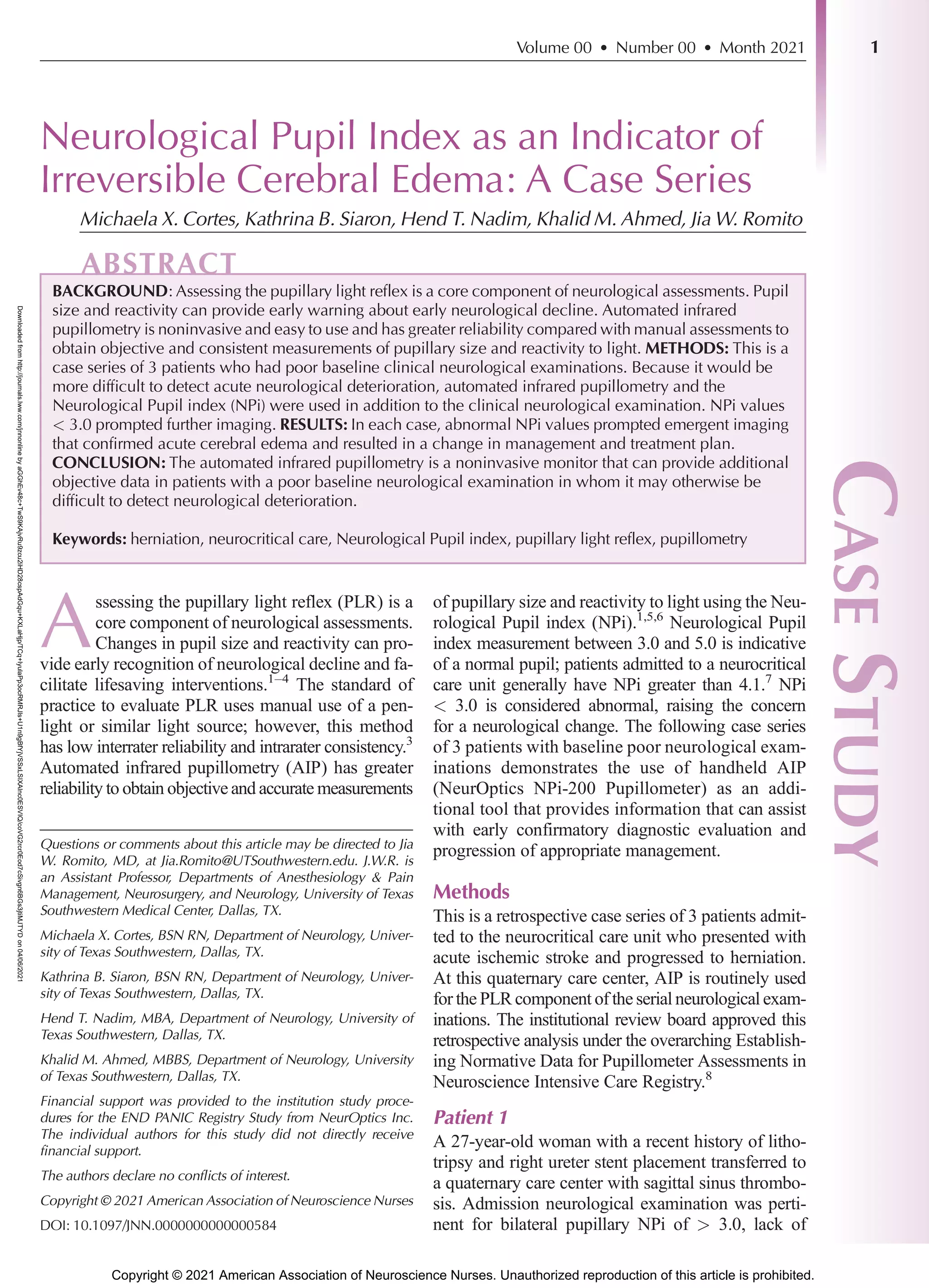 Neurological Pupil Index as an Indicator of Irreversible Cerebral Edema ...