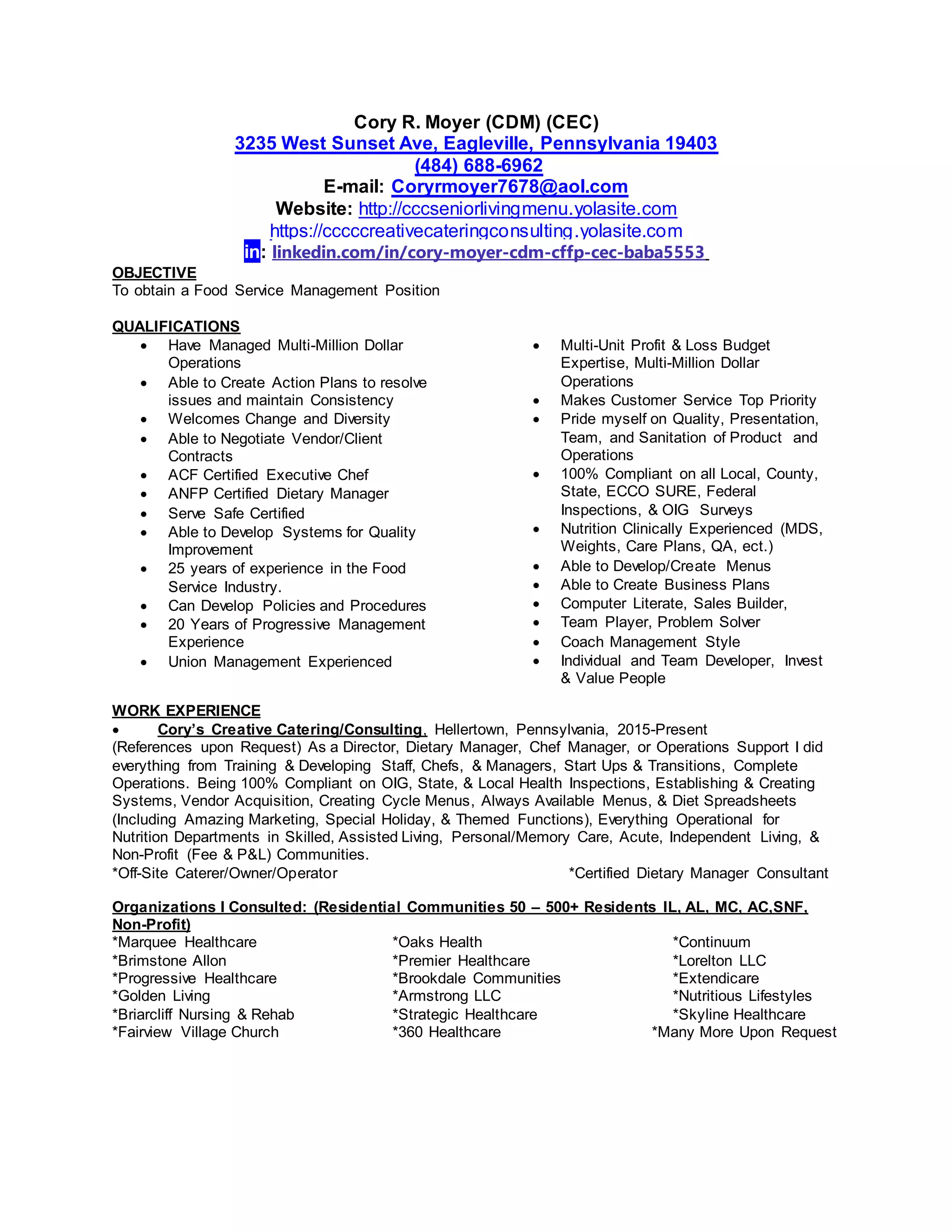 Cory resume | DOCX | Food Industry | Industries