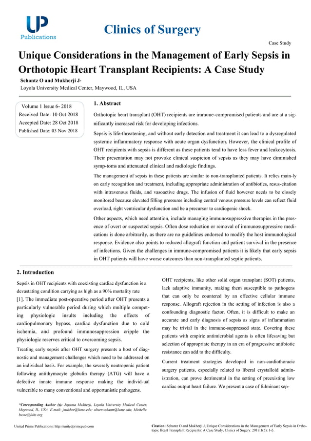 Unique Considerations in the Management of Early Sepsis in Orthotopic ...