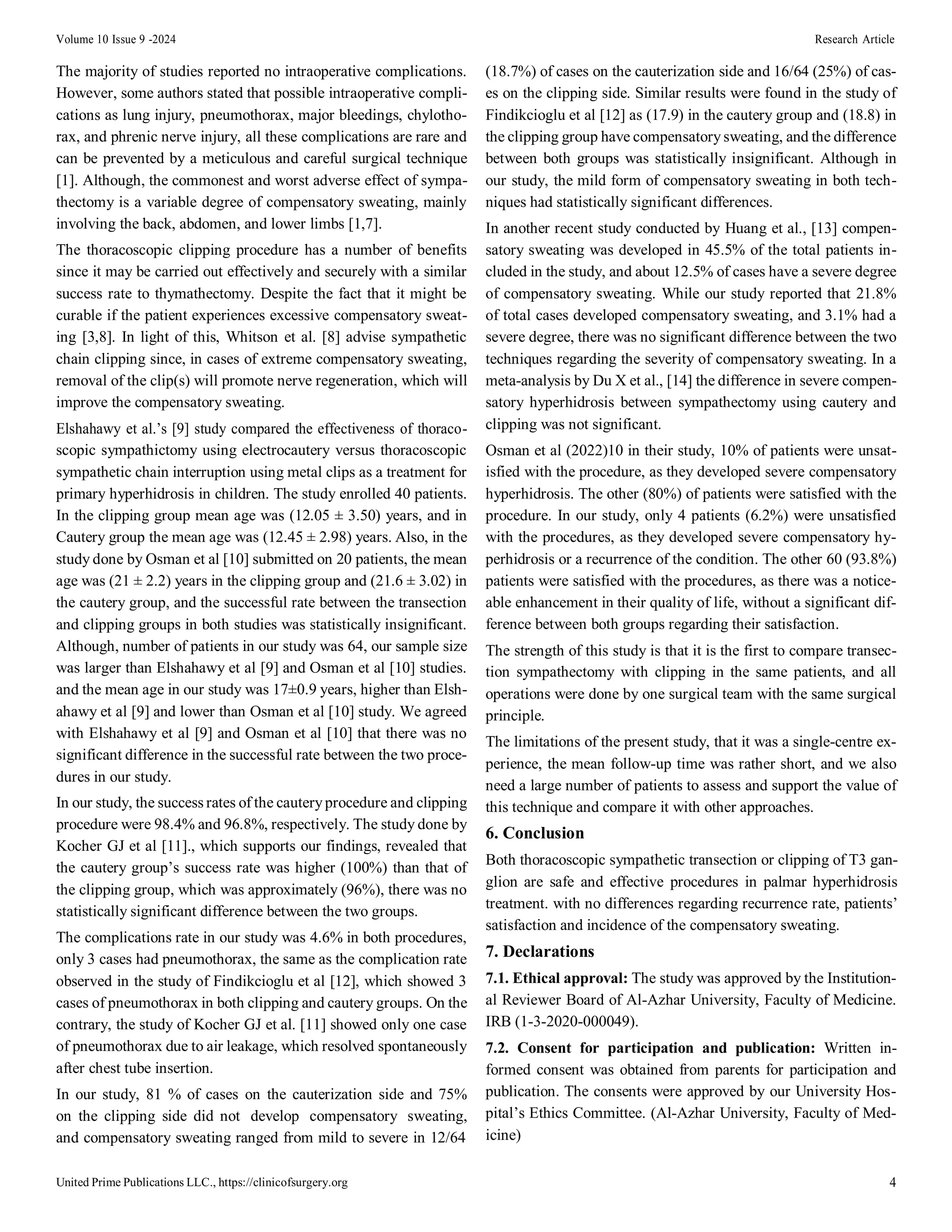 Comparing Electro-Coagulation and Clipping for Palmar Hyperhidrosis in the Same Patient | PDF