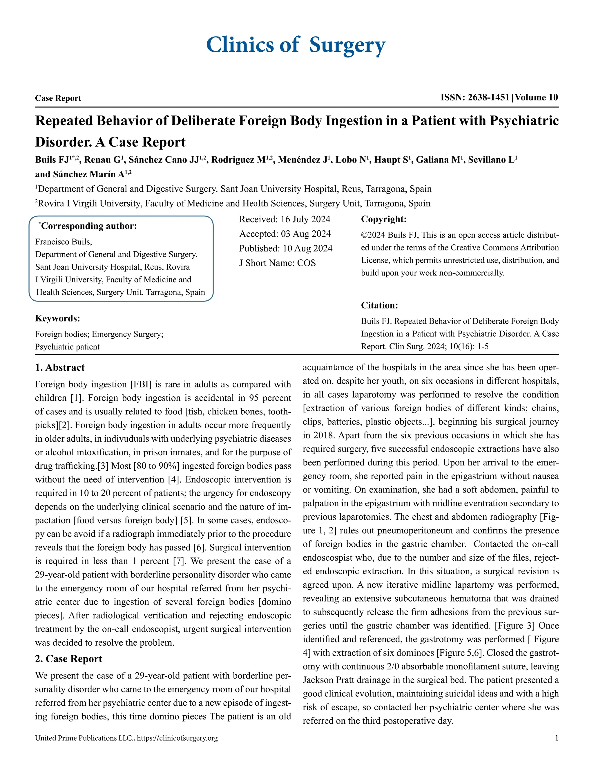 Repeated Behavior of Deliberate Foreign Body Ingestion in a Patient ...