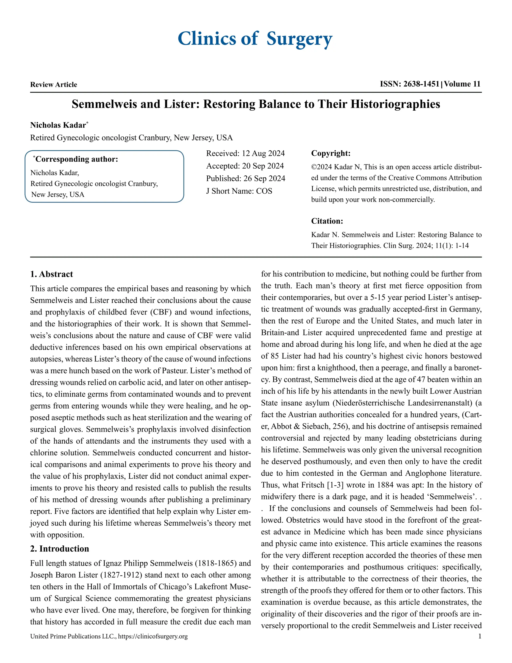 Semmelweis and Lister: Restoring Balance to Their Historiographies | PDF