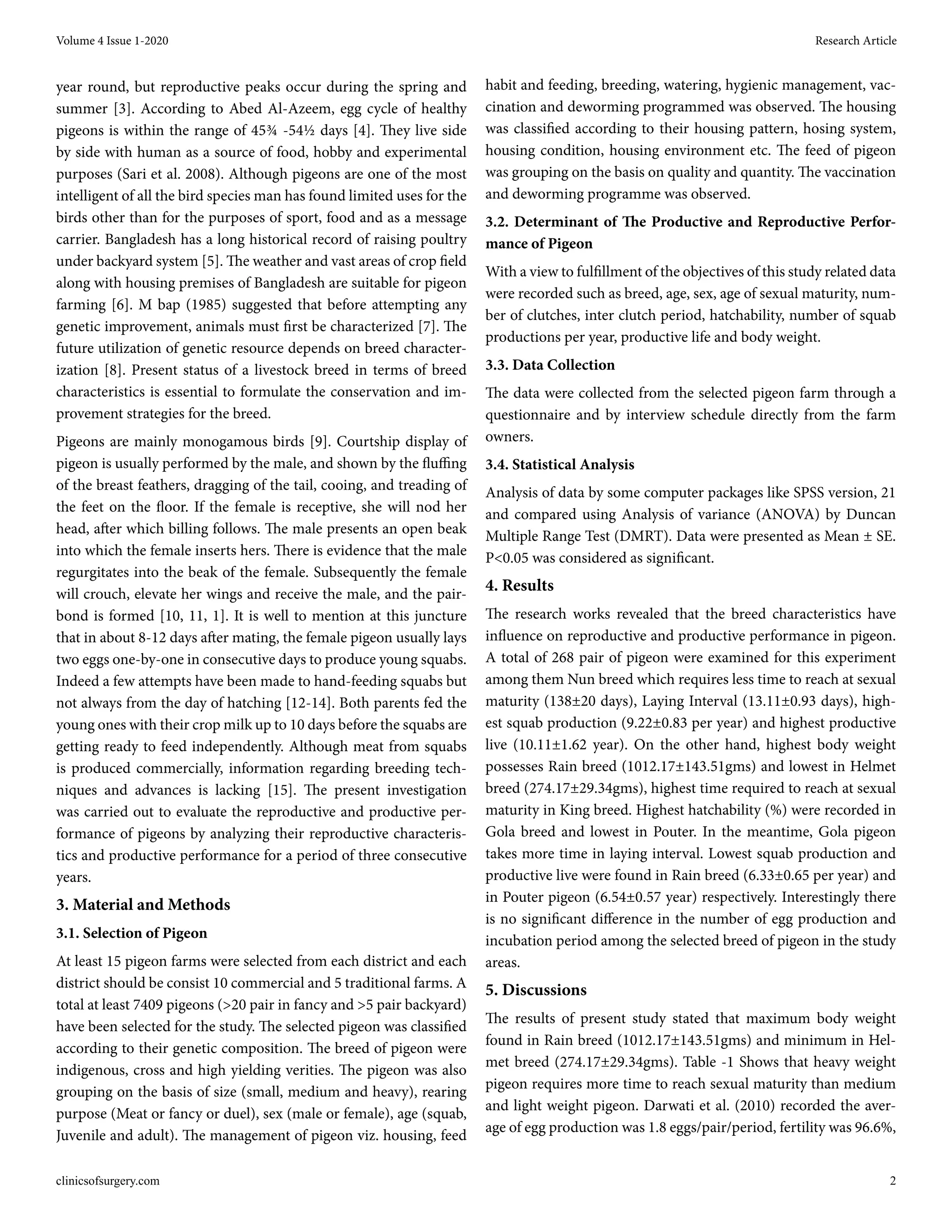 Evaluation of the Productive and Reproductive Performance of Pigeon in ...