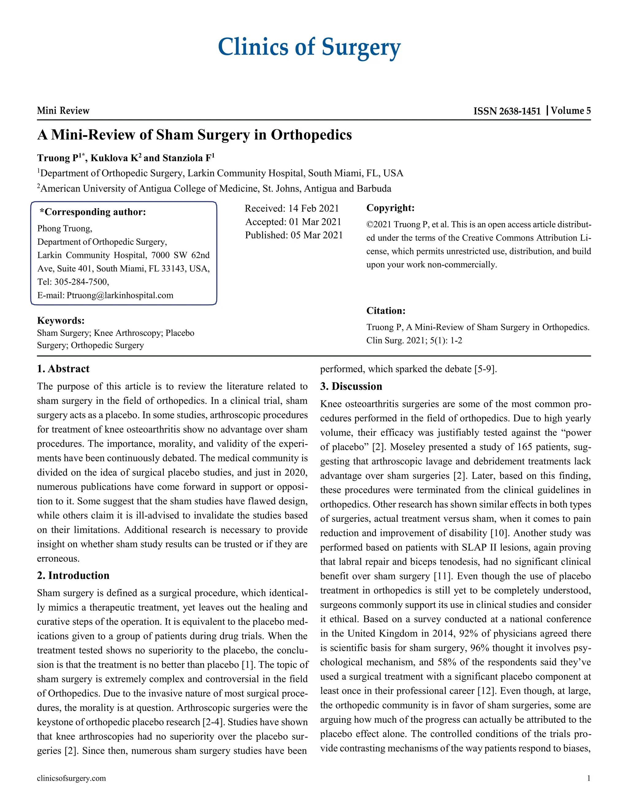 A Mini-Review of Sham Surgery in Orthopedics | PDF